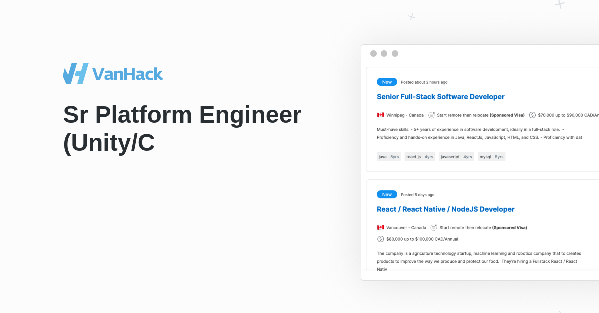 Sr Platform Engineer (Unity/C#) - VanHack